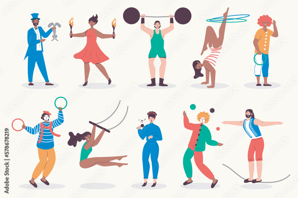 People work in circus set in flat design. Men and women performing as ...