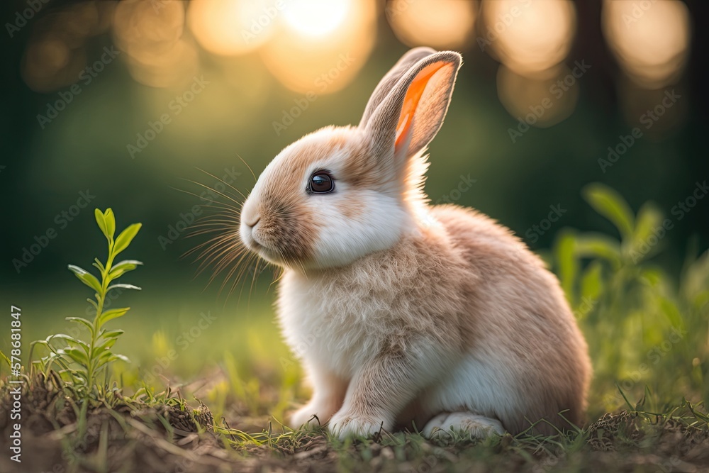 Adorable rabbit sitting on grass with natural bokeh in the backdrop ...
