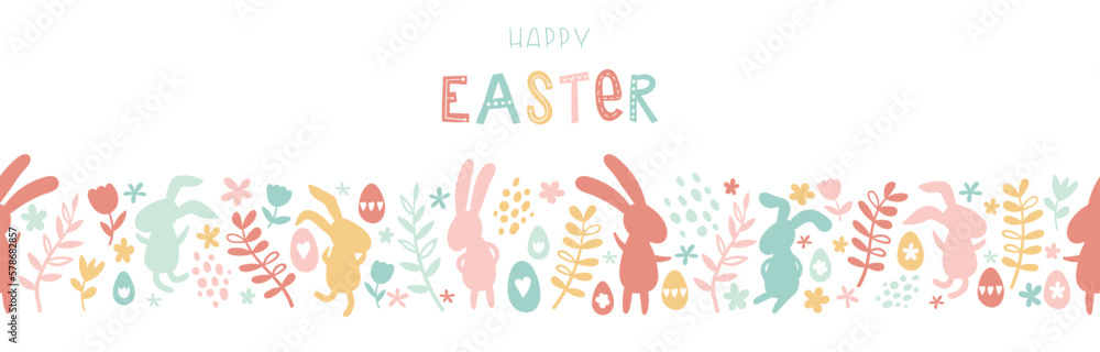 Cute hand drawn easter bunnies horizontal seamless pattern, easter ...