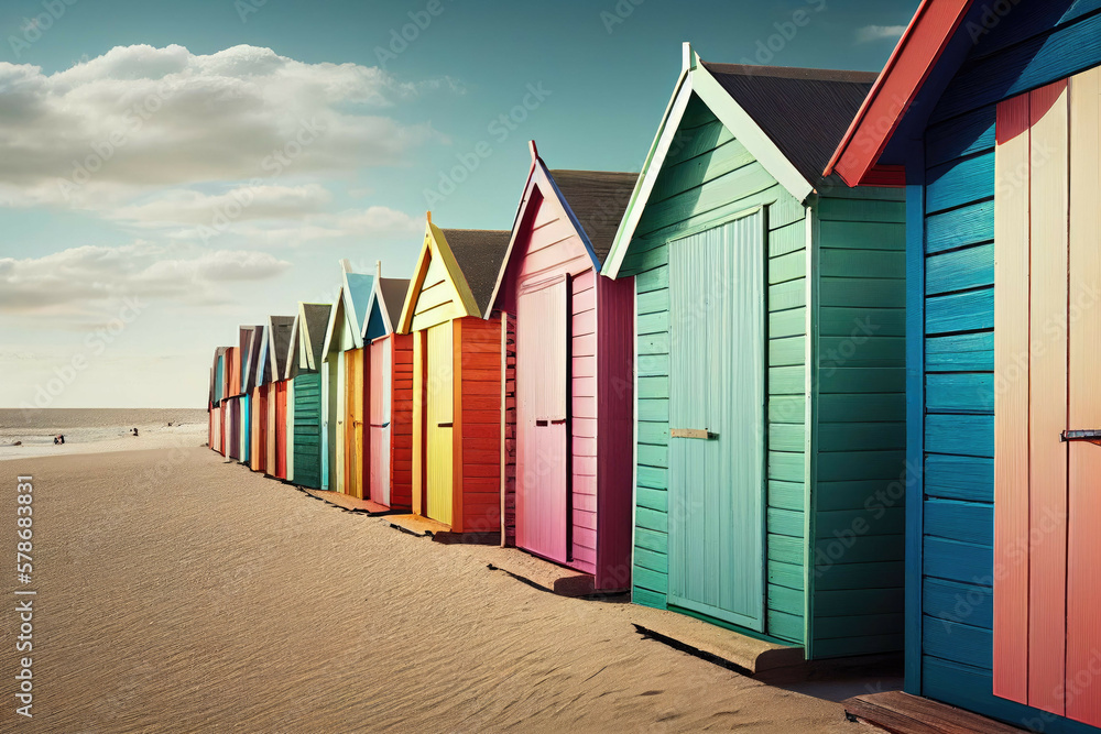 Row of colorful beach huts on a sandy beach with a pier in the distance ...