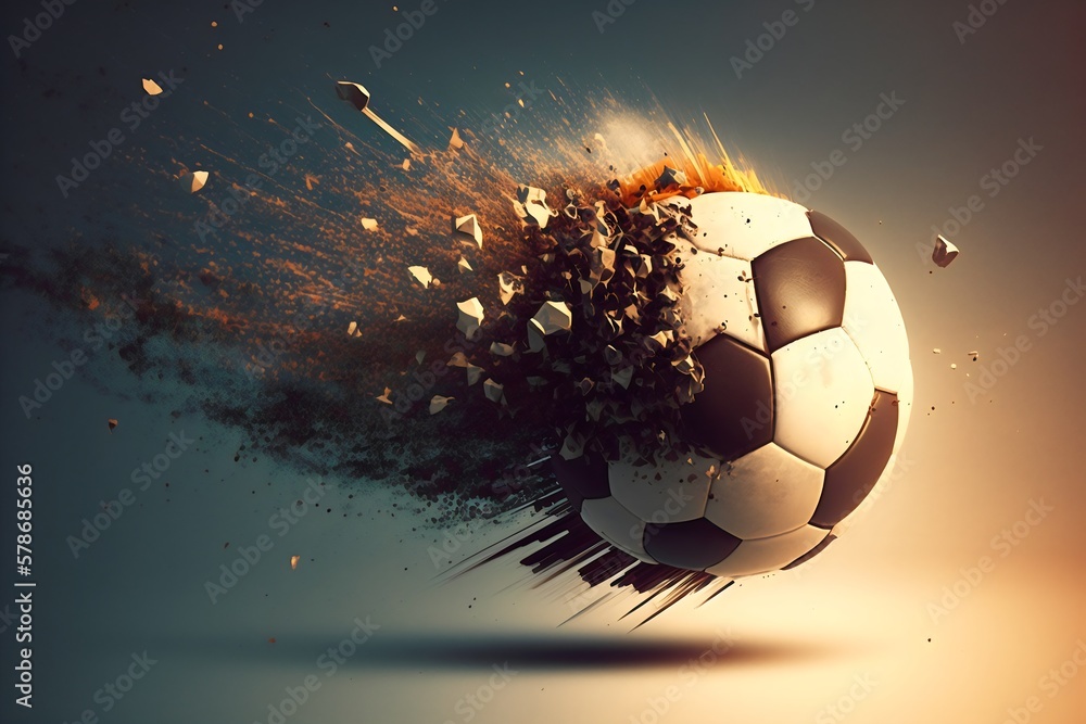 Soccer ball with explosion and particles flying in the air. 3d ...