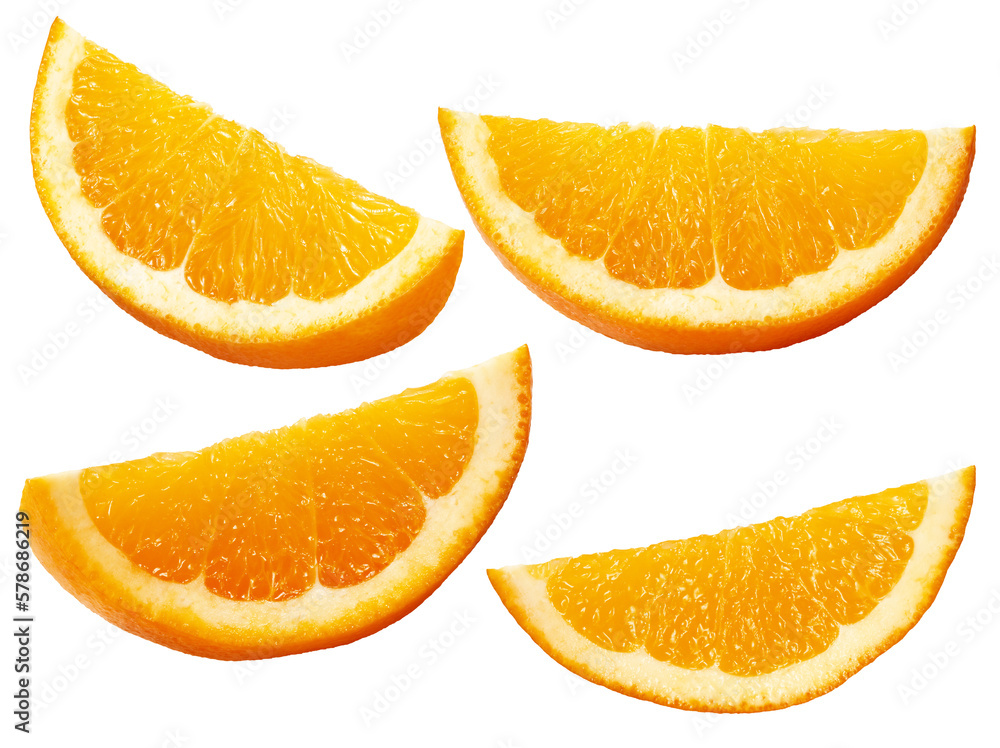 Foto de pedaços de laranjas cortadas isoladas em fundo transparente ...