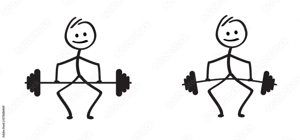 Cartoon sportsman stickman, stick figure man and weightlifting ...