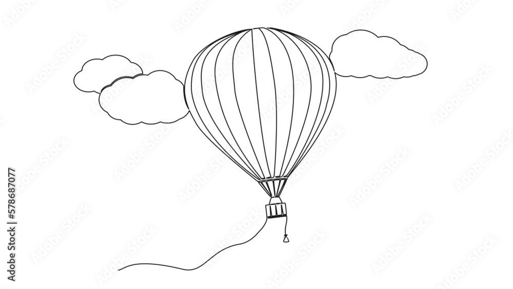 animated continuous single line drawing of hot air balloon, line art ...