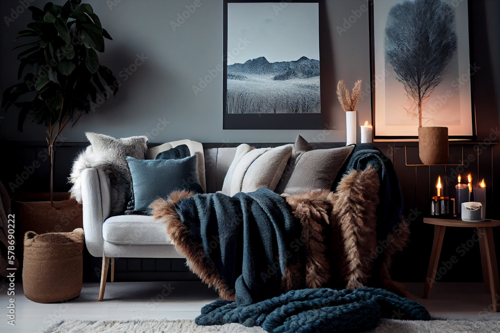 Warm and cozy textures including plush sofa, wool rugs, and textured ...