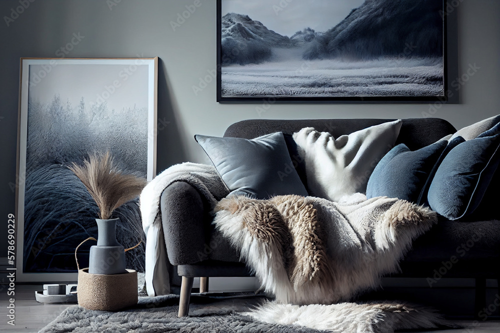 Warm and cozy textures including plush sofa, wool rugs, and textured ...
