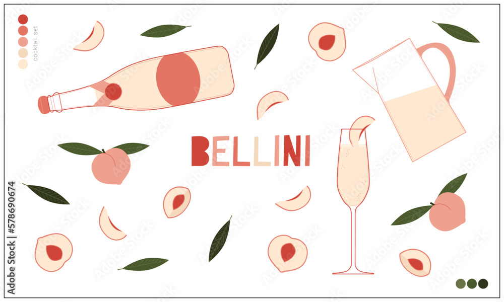 Vetor de Bellini cocktail colored vector illustrations set. Peach color ...