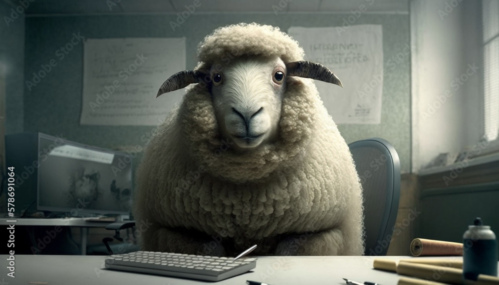 Generative ai. A sheep working in an office. v2 Stock Illustration ...