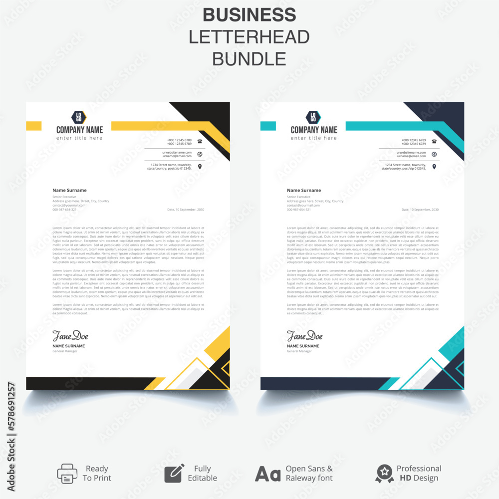 corporate modern letterhead design template with yellow, blue color ...