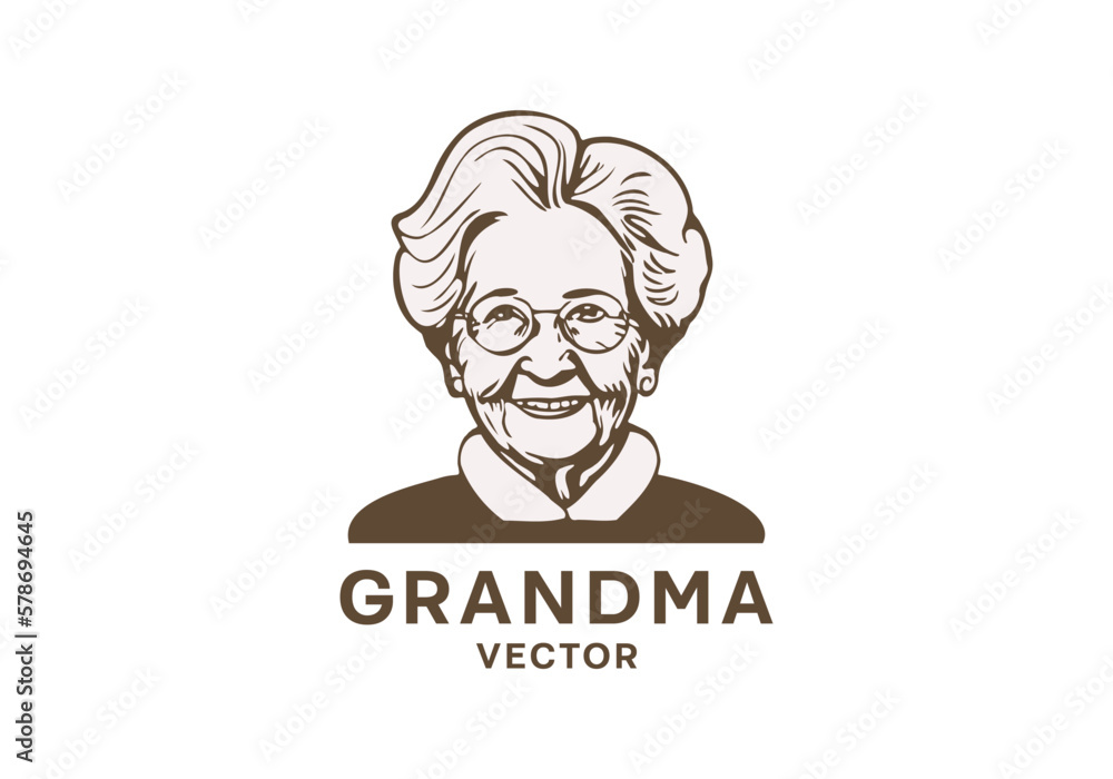 Vector portrait of a smiling cute old lady in round glasses on a white ...