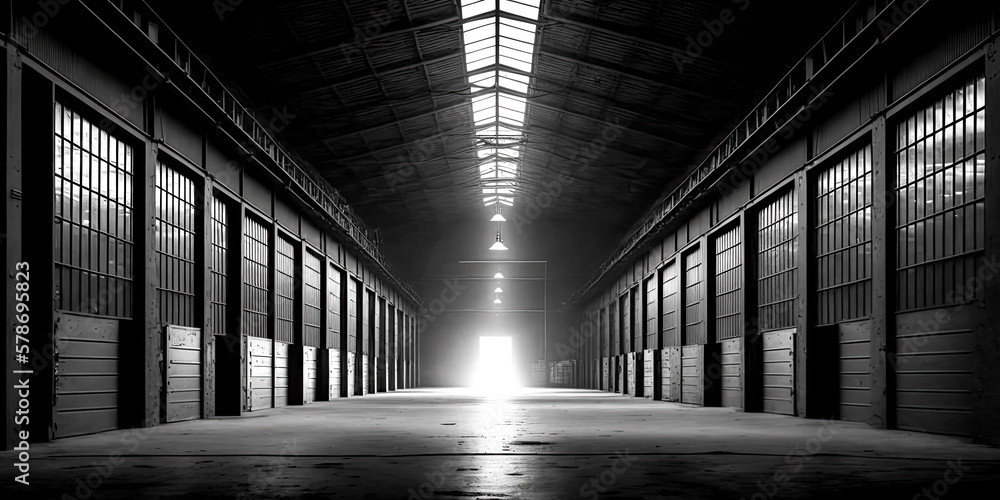 An old storage building inside a warehouse is seen, its grey walls and ...