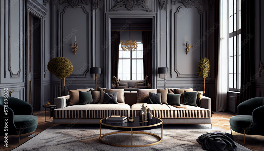 Interior design of a modern and luxurious living room with a plush and ...