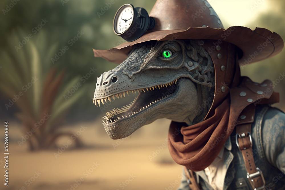 time traveler with face covered by helmet in time of dinosaurs ...