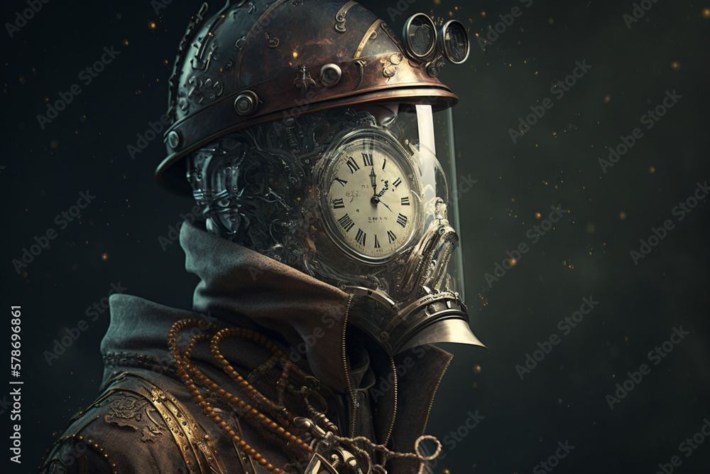 time traveler with face covered by helmet in the time of great ...