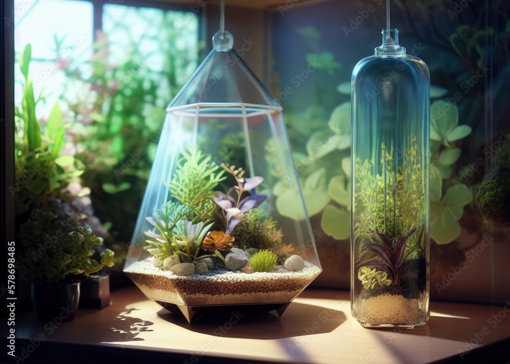 a couple of glass vases sitting on top of a window sill, moss terrarium ...