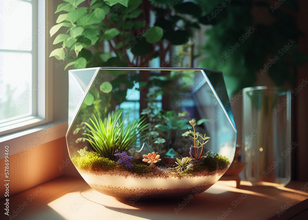 a couple of glass vases sitting on top of a window sill, moss terrarium ...