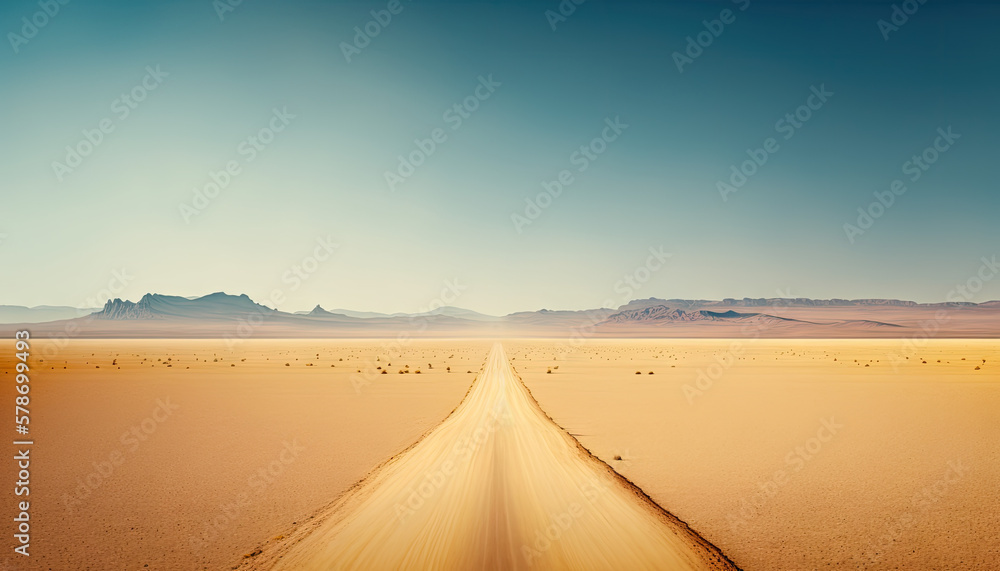 route rectiligne infini dans un décor de désert aride et sableux, ciel ...