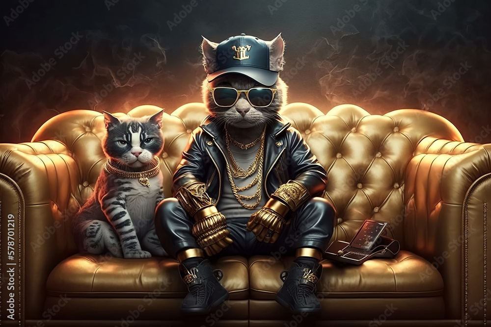 successful rapper boss with cat head in gangsta style with gold chains ...