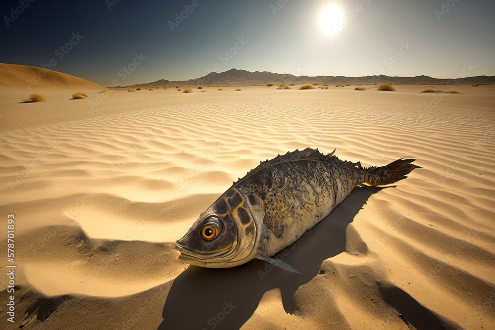 fish lie in the desert under the scorching sun, concept of Scarcity and ...