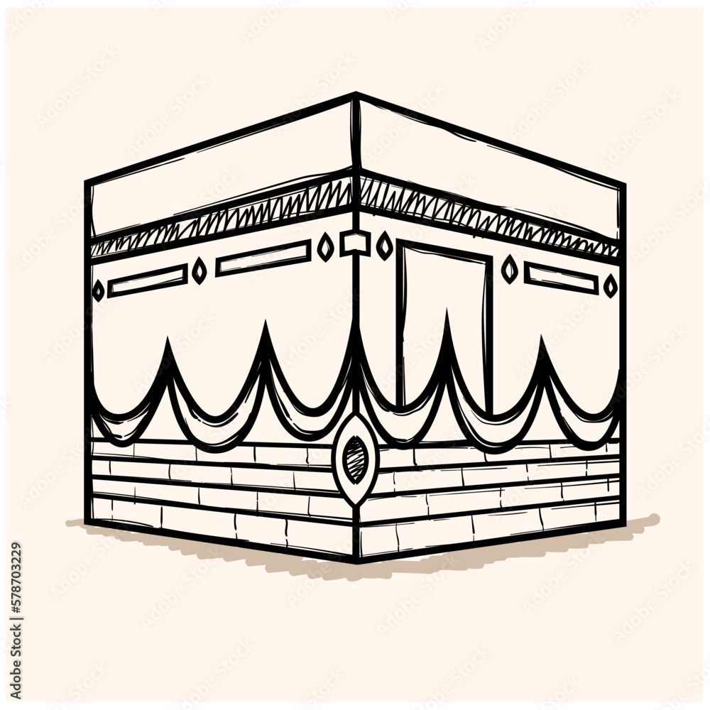 Hand drawing Kaaba of Mecca, Isolated on white background. Black and ...