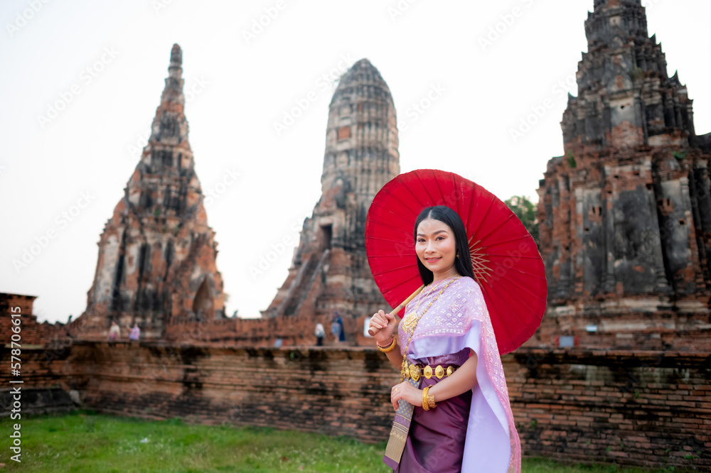 Beautiful Thai Girl In Traditional Dress Costume Red Umbrella As Thai 1018