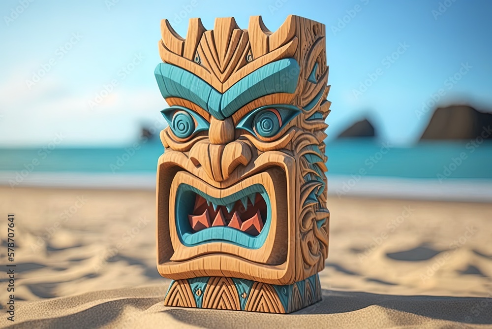 Tiki mask depicting a happy tribal Hawaiian man on the beach ...