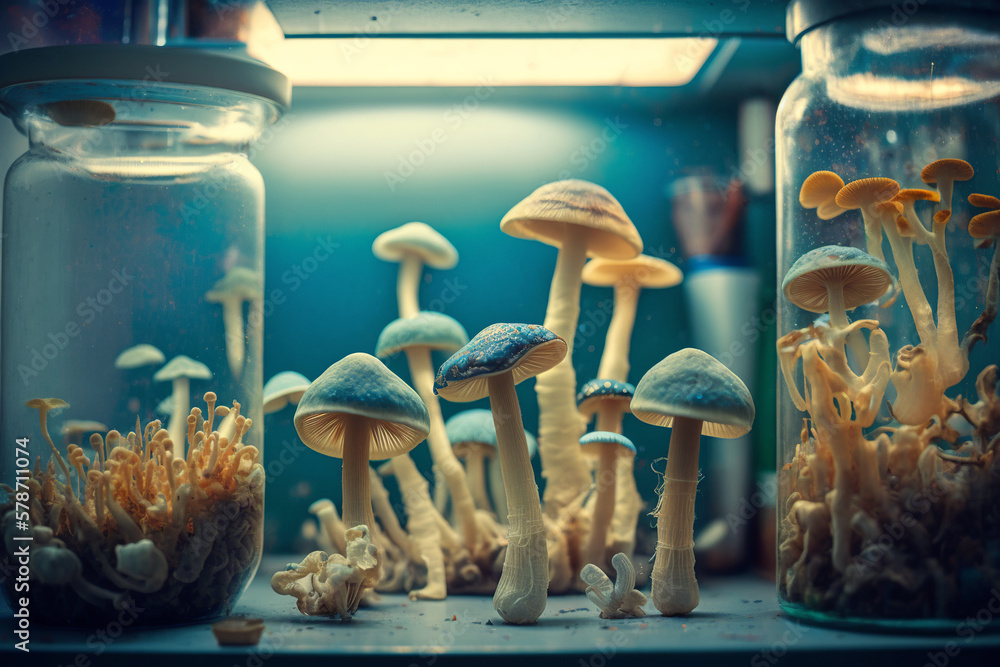 Mushrooms in laboratory in test tubes. Mushroom cultivation, science ...