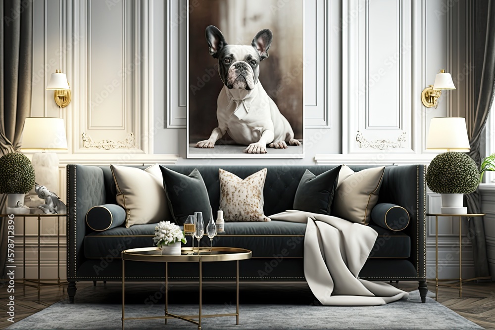 A gorgeous dog lounges on a contemporary beige sofa in an elegantly ...