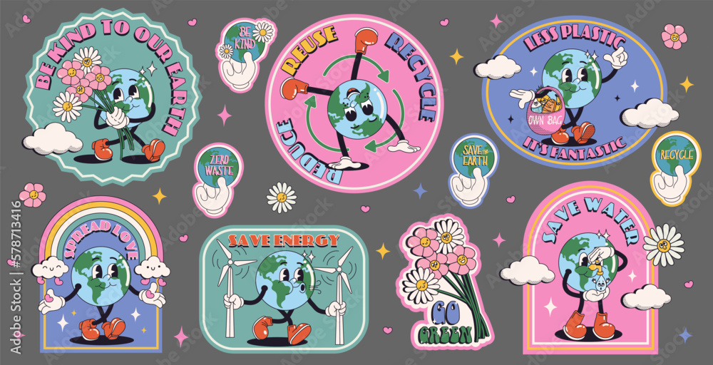 Collection of ecology stickers with slogans - zero waste, save energy ...