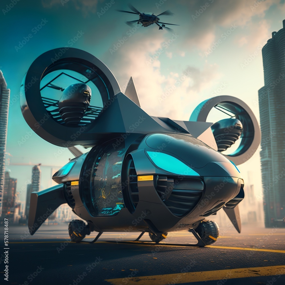 Future of Aerial Police vehicle, Air police unit in futuristic city ...