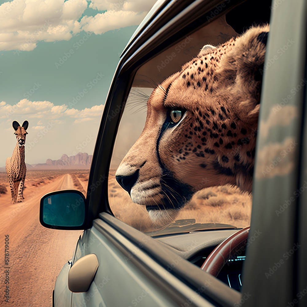 a cheetah drives a car, face to face peeks out looks like on the window ...