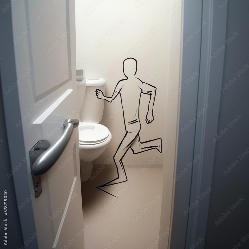 a hand-drawn human figure runs to the toilet, is about to... he'll be ...