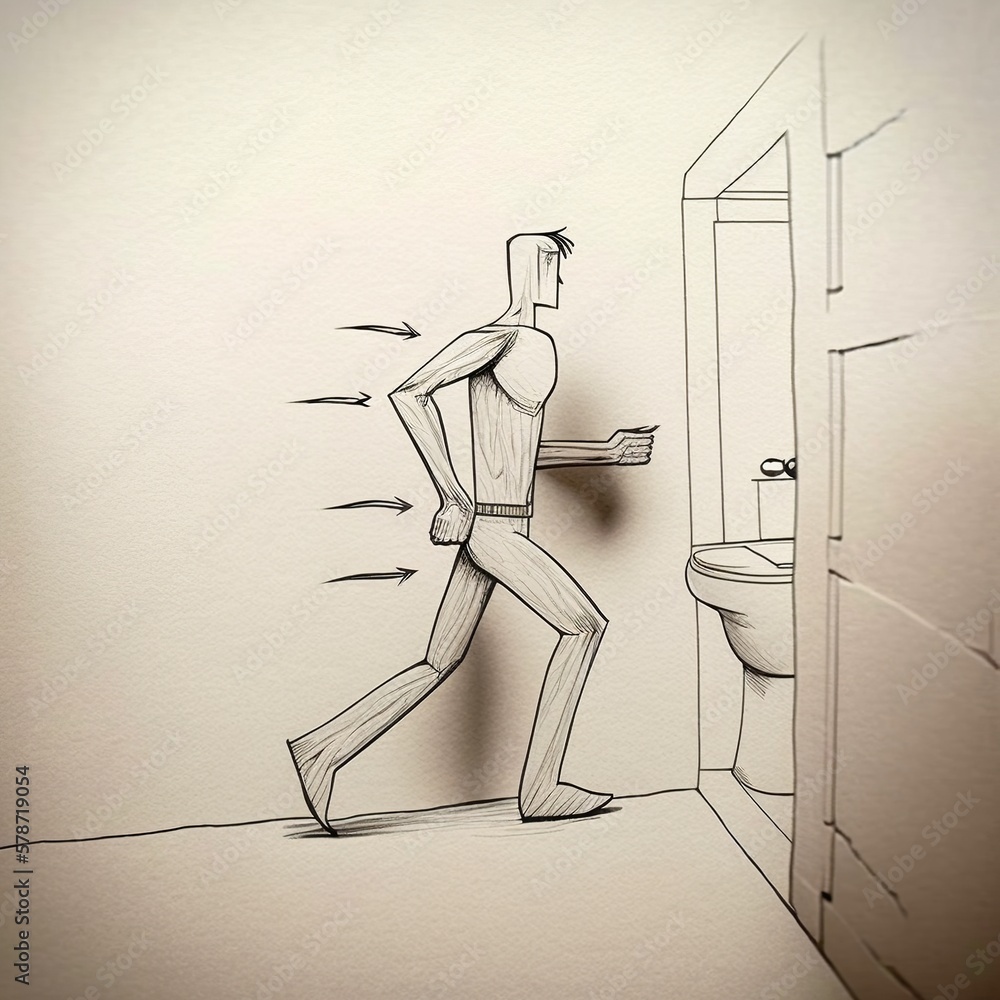 a hand-drawn human figure runs to the toilet, is about to... he'll be ...
