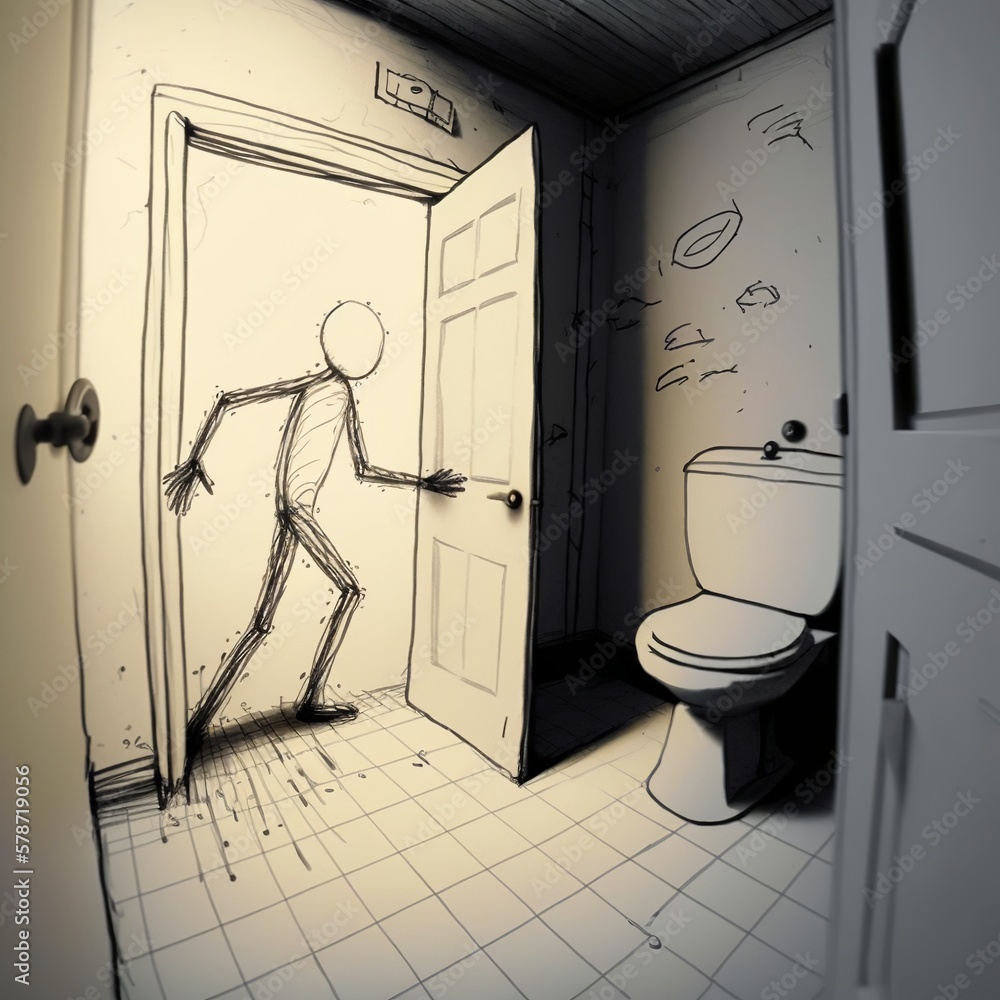 a hand-drawn human figure runs to the toilet, is about to... he'll be ...