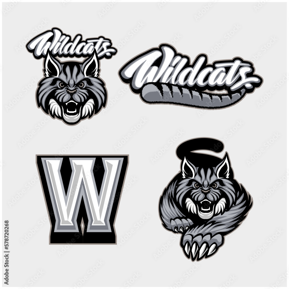Wildcats Logo Set with Aggressive Wildcat Mascot and Various Logo Types ...