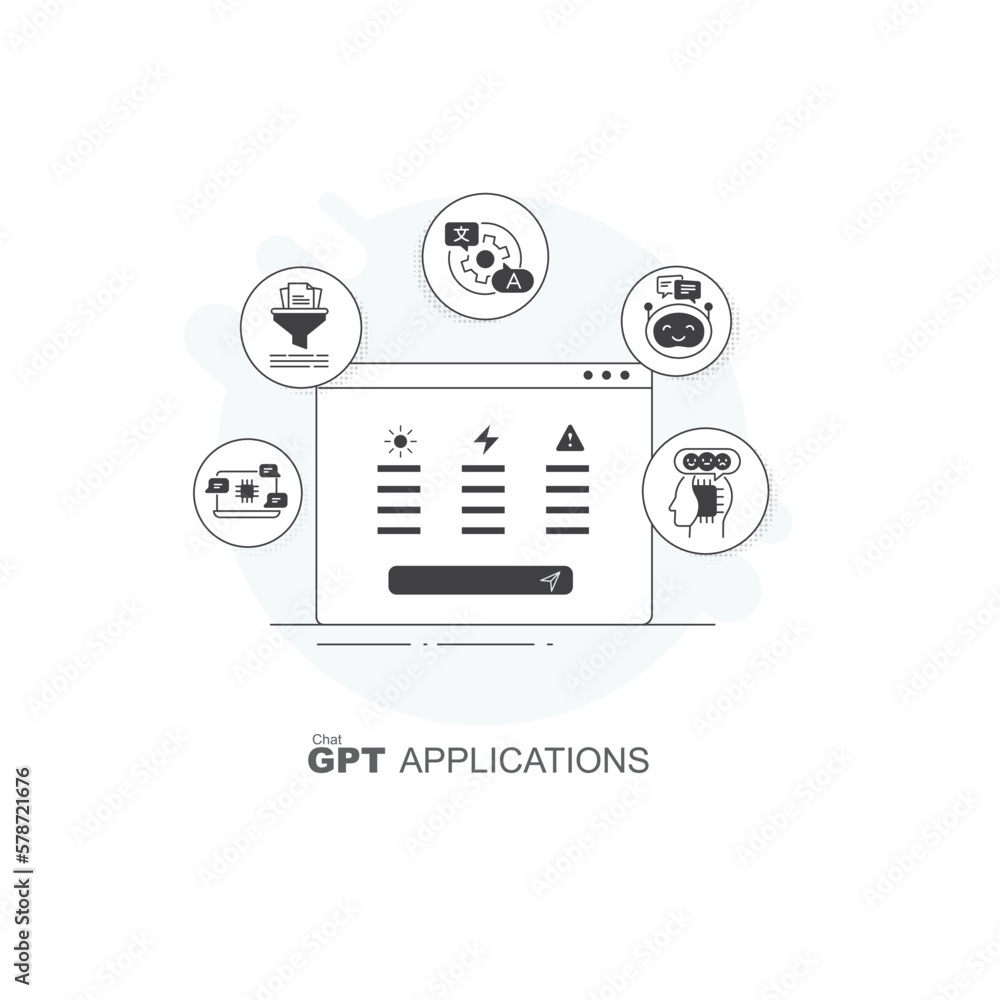 GPT applications concept with icons. Dialogue Generation, Sentiment Analysis, Content Generation ...