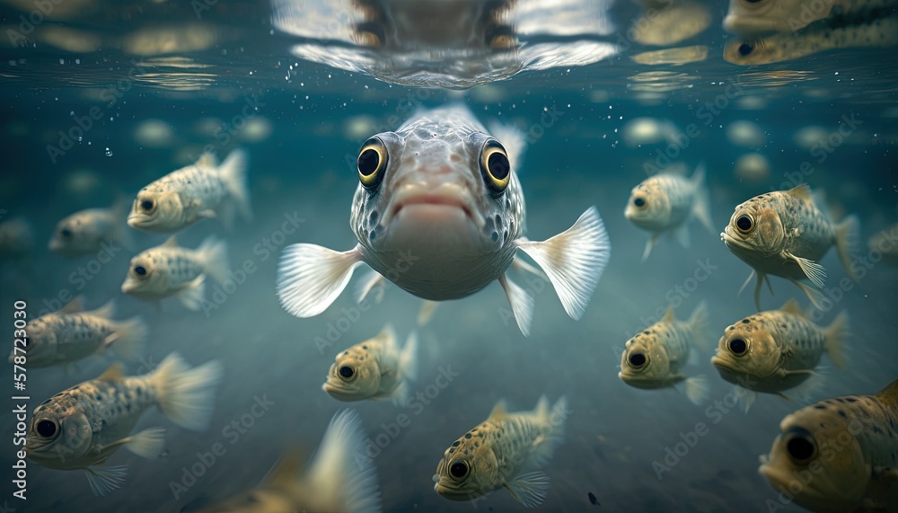 Sad scared little fish in group of others. Concept AI generative ...