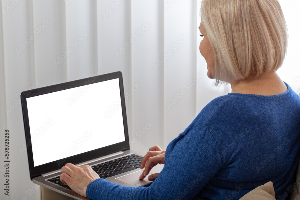 Business woman in profile working using a laptop. Gadget screen white ...