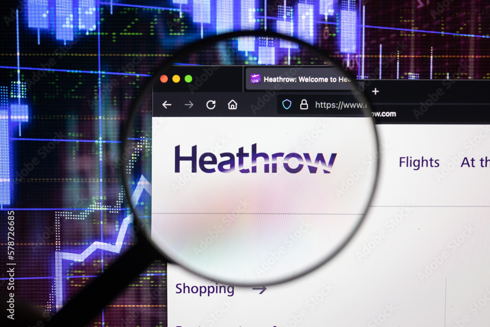 Heathrow airport company logo on a website with blurry stock market ...