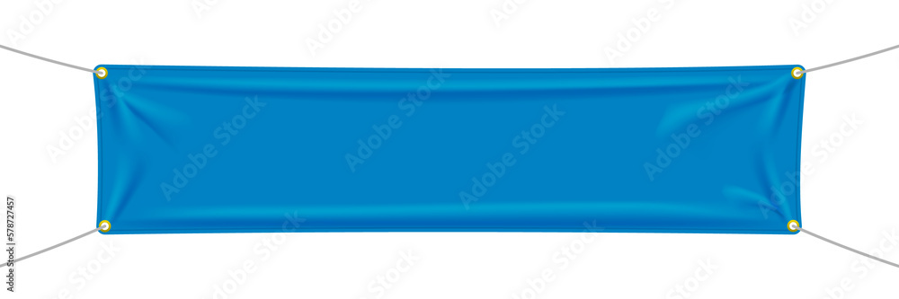 Blue fabric banner with folds stretched on ropes with space for your ...