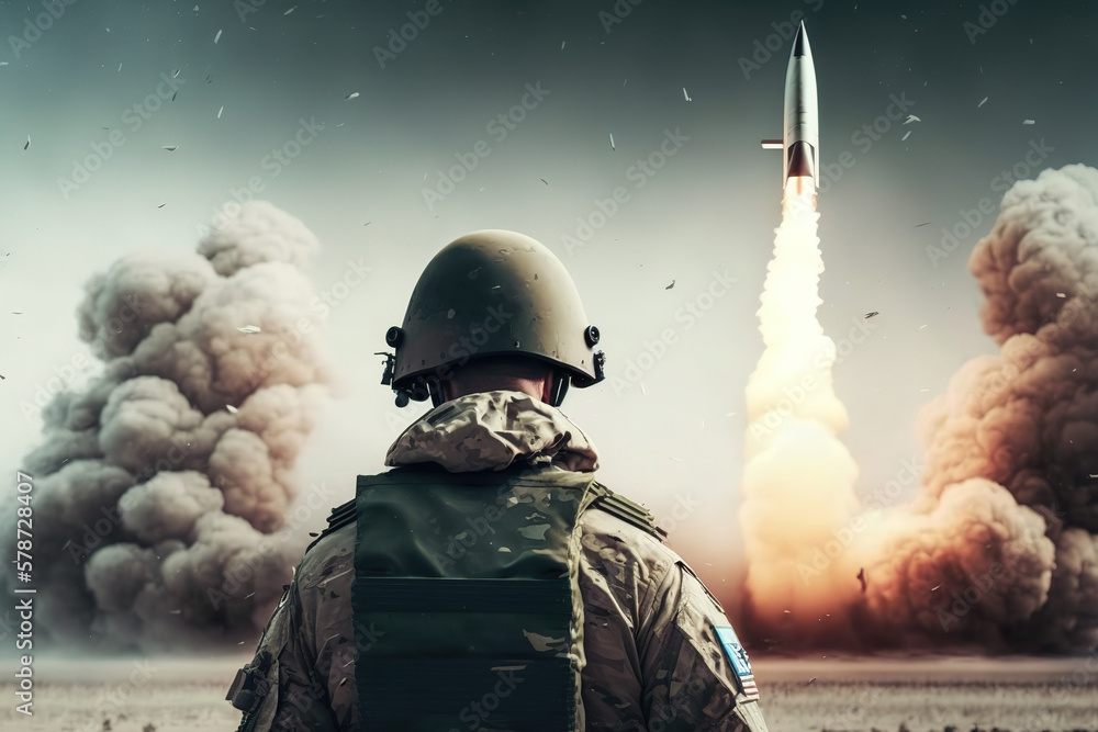 Close-up at back of the army commander in uniform is standing in front ...