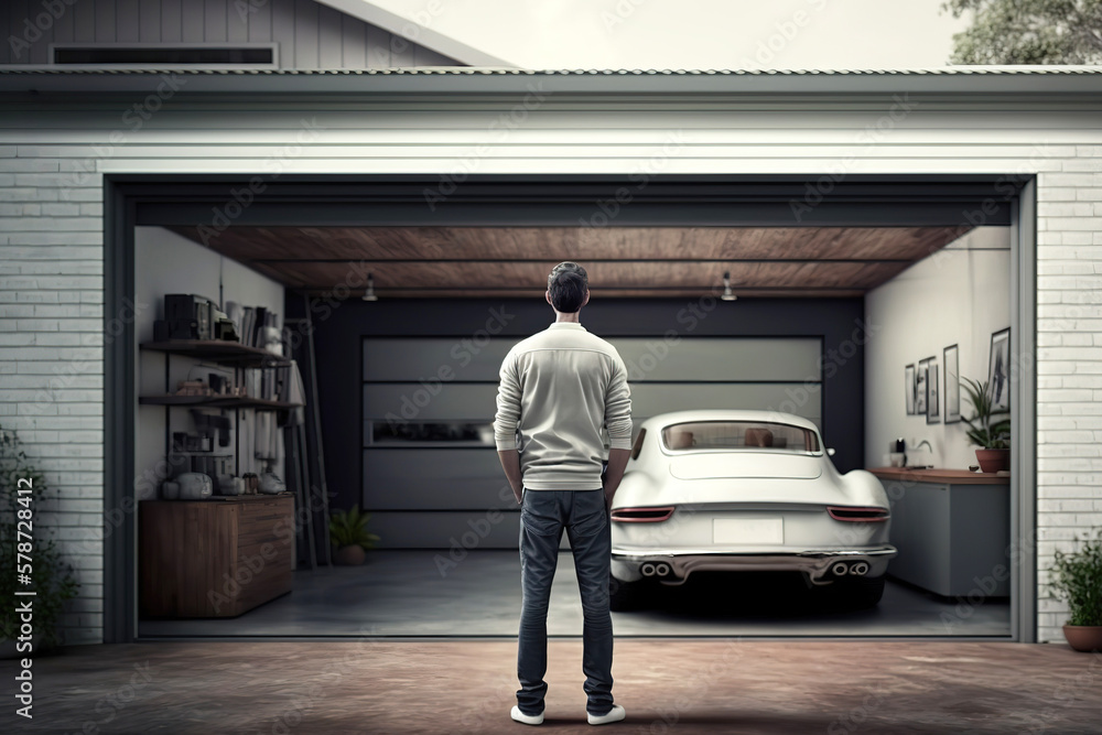 A man is casual white T-shirt is standing in front of the home garage ...