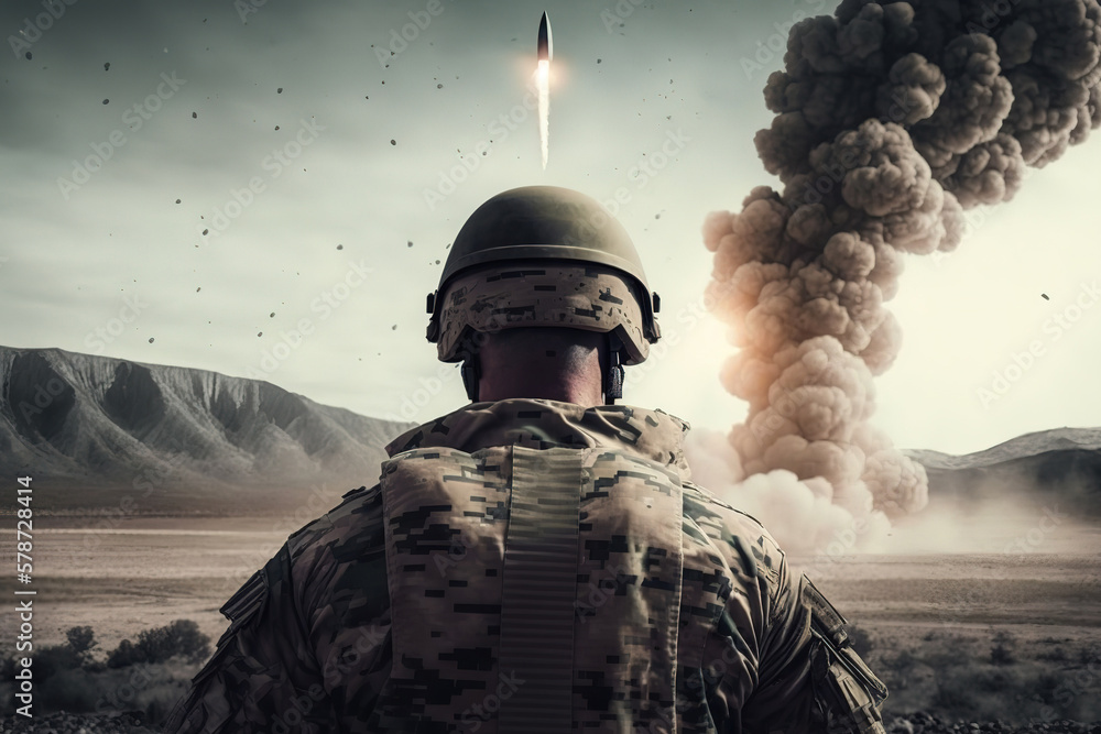 Close-up at back of the army commander in uniform is standing in front ...