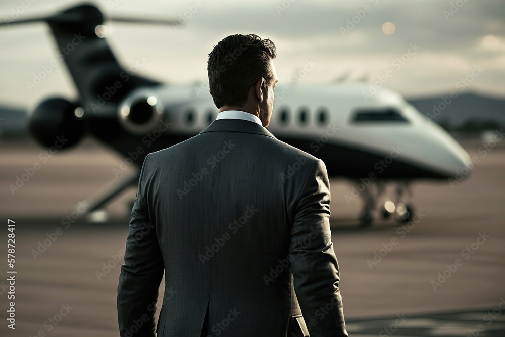 A rich person in business suit is standing on airport runway in front ...