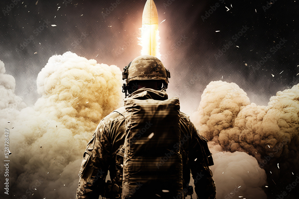 Close-up at back of the army commander in uniform is standing in front ...