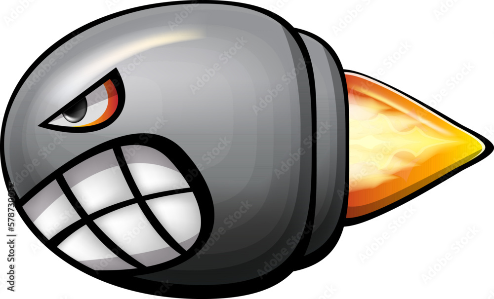 Vector cartoon gun bullet with fire bullet trail isolated on white ...