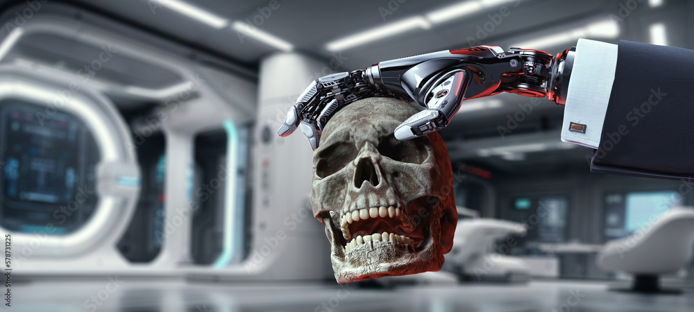 cybernetic arm wrapped in business suit holding human skull. Evolution ...
