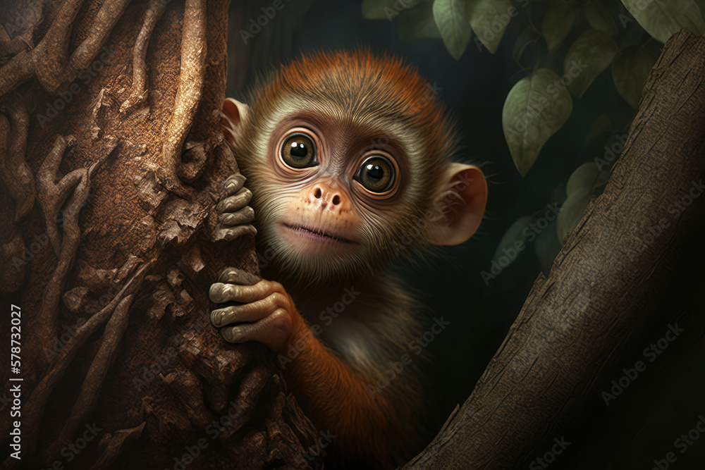 Cheeky baby monkey peeking out from behind a tree with a playful grin ...
