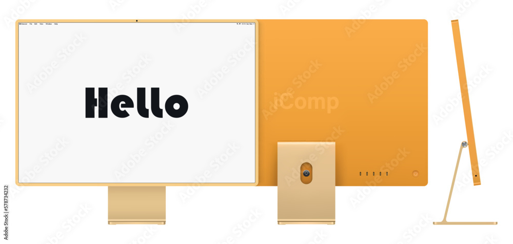 computer display yellow color with blank screen front, back and side ...