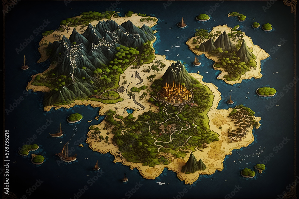 3D rendered fantasy map | magical world filled with lush forests ...